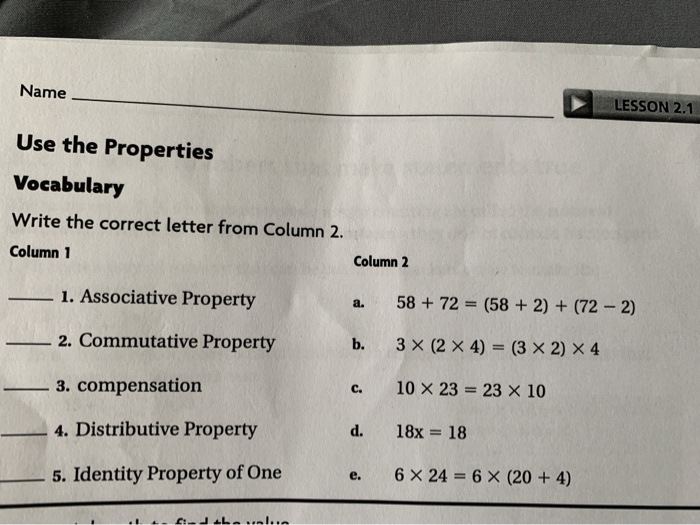 Solved Name LESSON 2.1 Use the Properties Vocabulary Write | Chegg.com