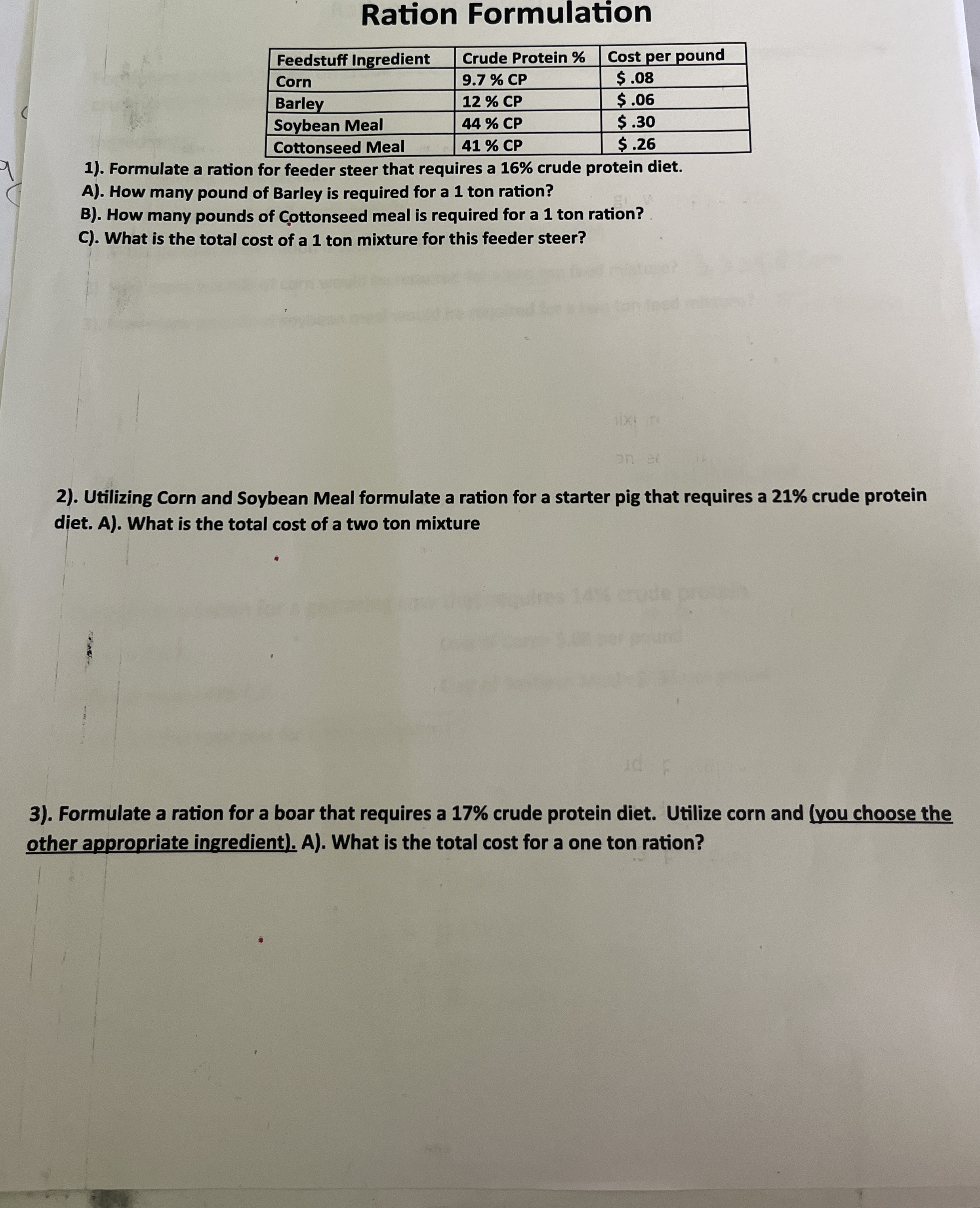 Solved Ration Formulation\table[[Feedstuff Ingredient,Crude | Chegg.com