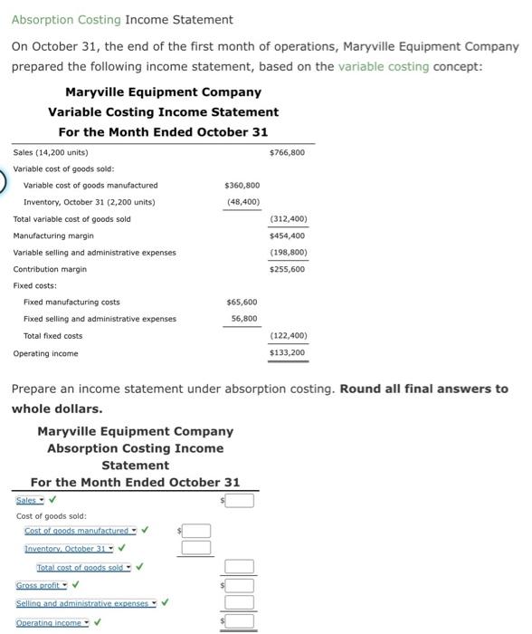 Solved Absorption Costing Income Statement On October 31, | Chegg.com