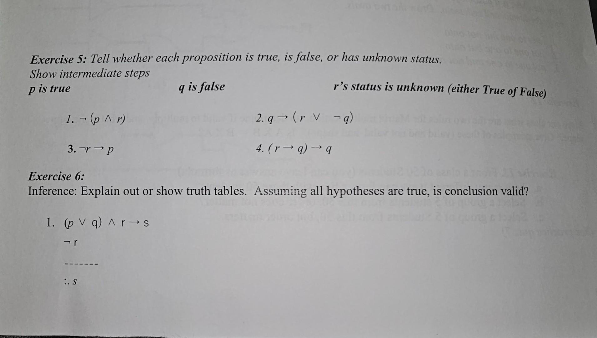 Solved Exercise 5: Tell whether each proposition is true, is | Chegg.com