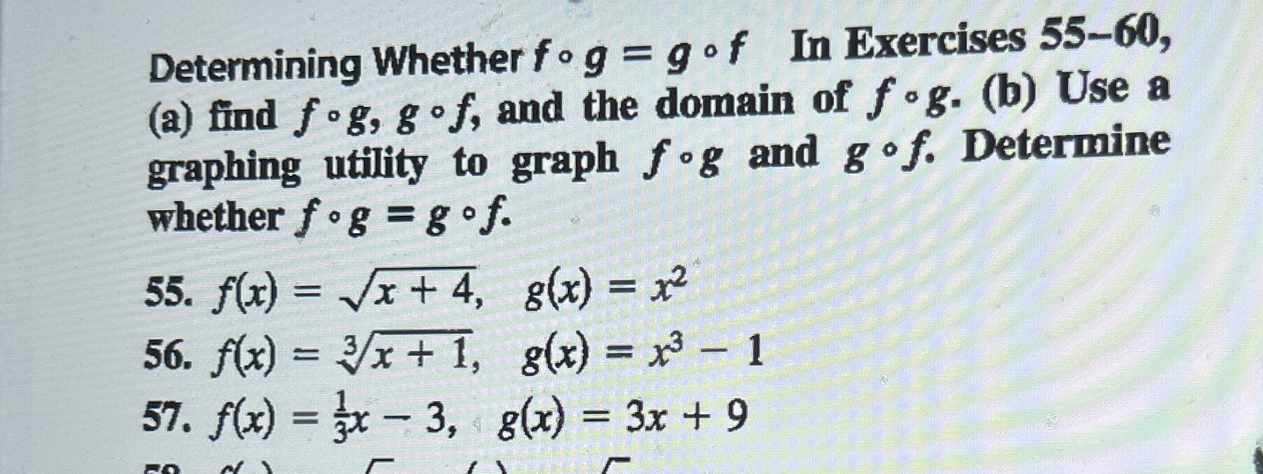 Solved Determining Whether f@g=g@f ﻿In Exercises 55-60,(a) | Chegg.com