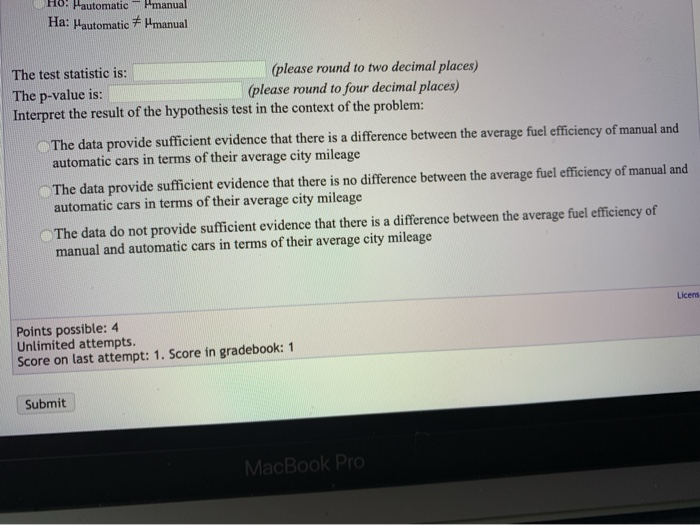Solved VOINT.) 5.32 Fuel efficiency of manual and automatic | Chegg.com