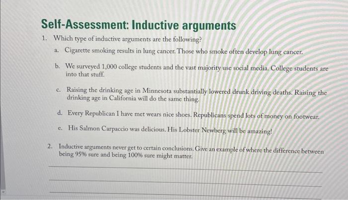 Solved Self-Assessment: Inductive arguments 1. Which type of | Chegg.com