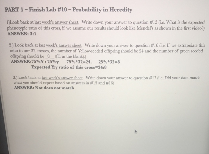Solved PART 1 - Finish Lab #10 - Probability in Heredity 1) | Chegg.com