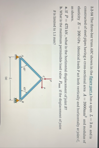 2.2-14 ﻿The three-bar truss ABC shown in the figure | Chegg.com