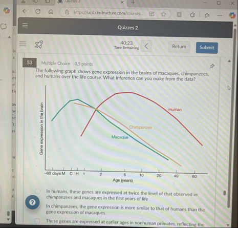 Quizzes 240:23Time Remaining53Multiple Choice 0.5 | Chegg.com