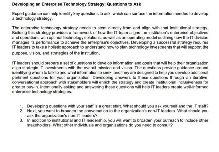 Solved Developing an Enterprise Technology Strategy: | Chegg.com
