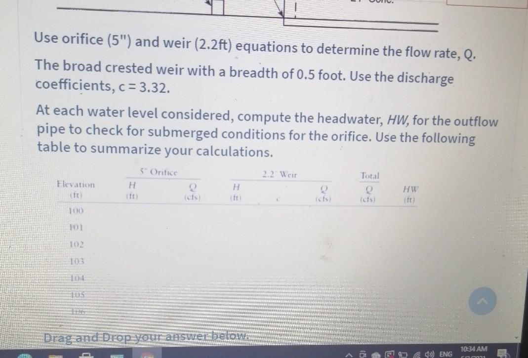 Solved Time left 1:10:38 Compute an outflow rating chart for | Chegg.com