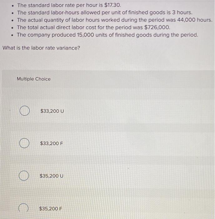 Solved . The standard labor rate per hour is $17.30. • The | Chegg.com