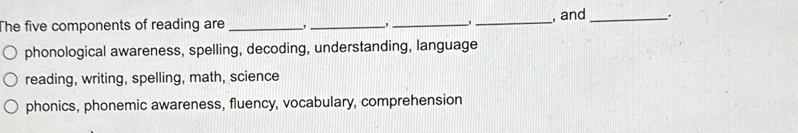 The five components of reading are and phonological | Chegg.com