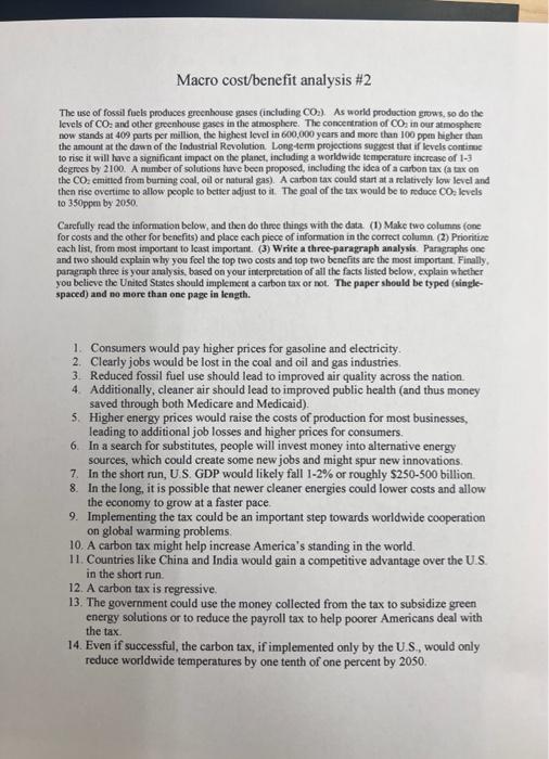 Solved Macro cost/benefit analysis \#2 The use of fossil | Chegg.com