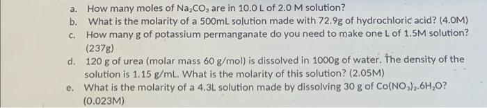 Solved a. How many moles of Na2CO3 are in 10.0 L of 2.0M | Chegg.com