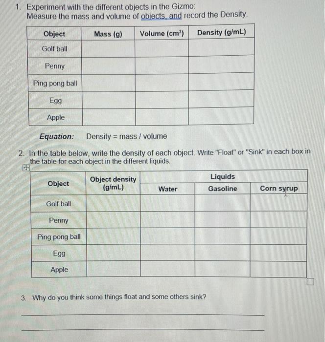 Solved 1. Experiment with the different objects in the Gizmo | Chegg.com