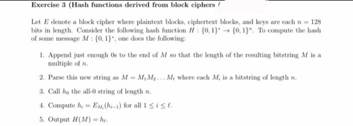 Solved Exercise 3 (Hash functions derived from block ciphers | Chegg.com