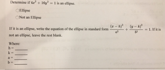 Solved Determine if 4ar 16y2 = 1 is an ellipse. Ellipse Not | Chegg.com