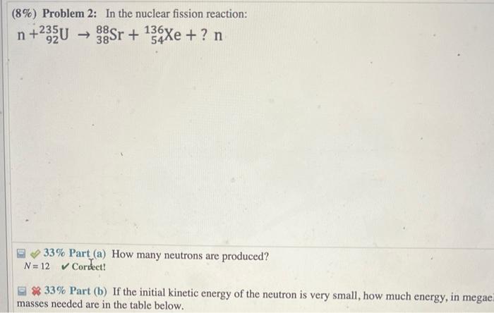 Solved (8\%) Problem 2: In the nuclear fission reaction: | Chegg.com