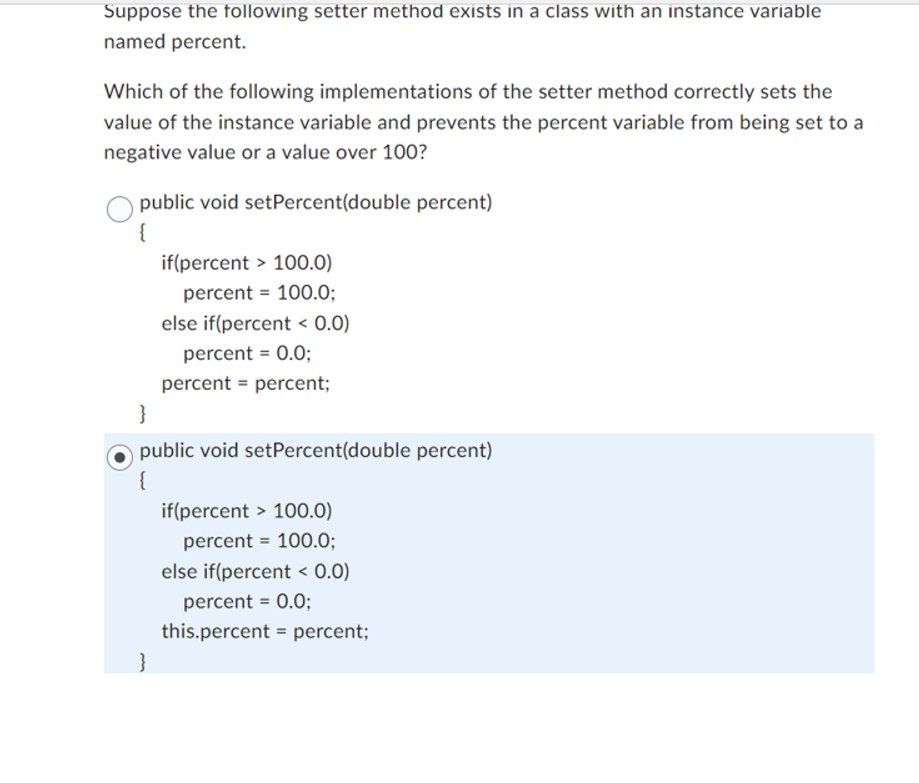 Solved Suppose the following setter method exists in a class | Chegg.com