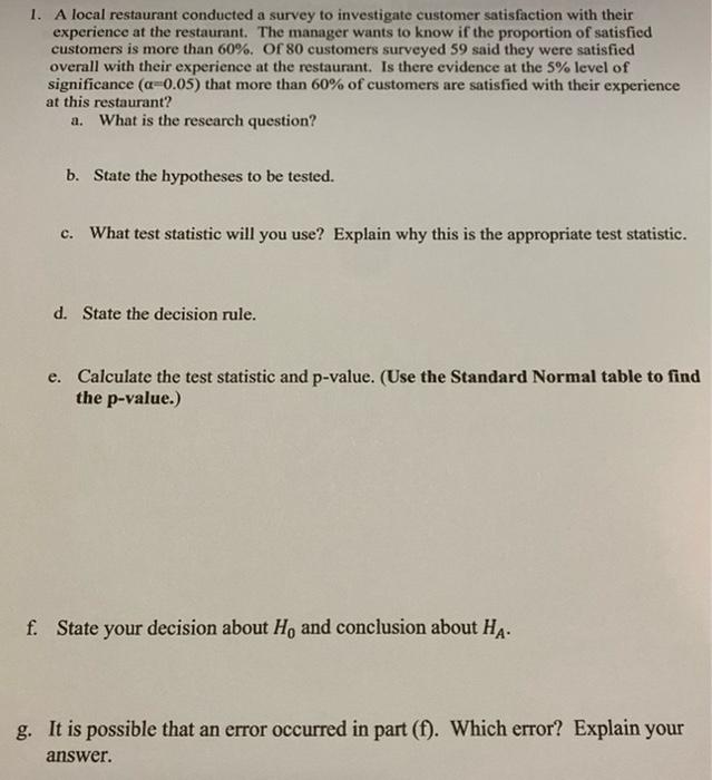 Solved 1. A local restaurant conducted a survey to | Chegg.com