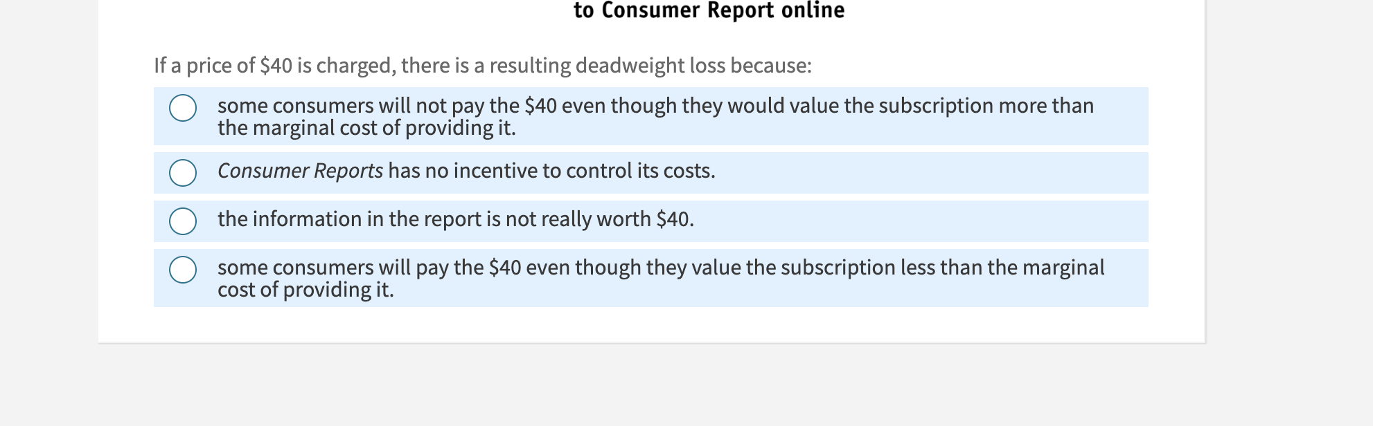 Solved to Consumer Report onlineIf a price of $40 ﻿is | Chegg.com