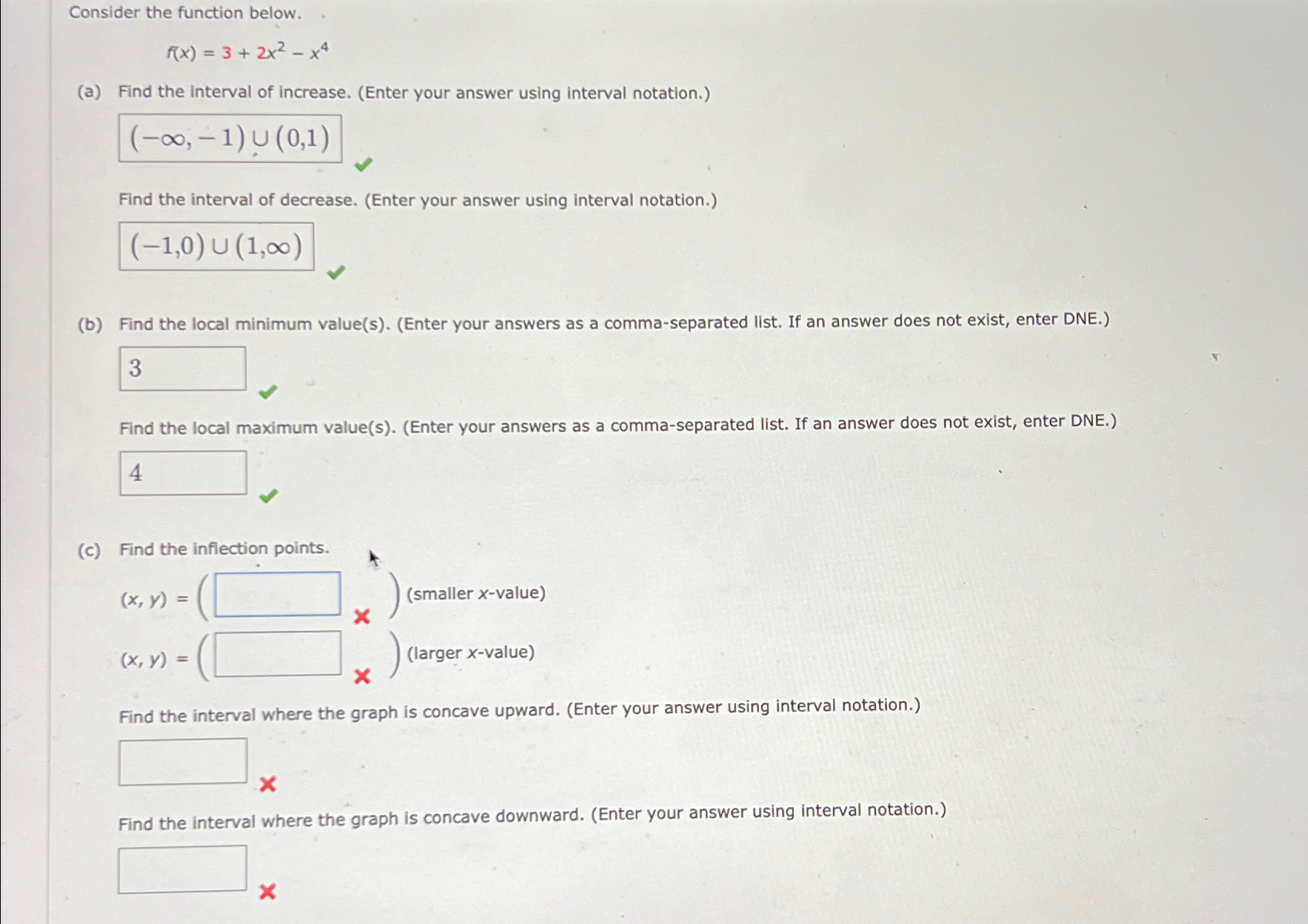 Solved Consider the function below.f(x)=3+2x2-x4(a) ﻿Find | Chegg.com