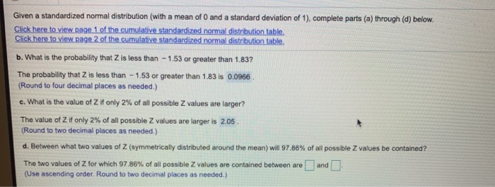 Solved d. Between what two values of Z (symmetrically | Chegg.com