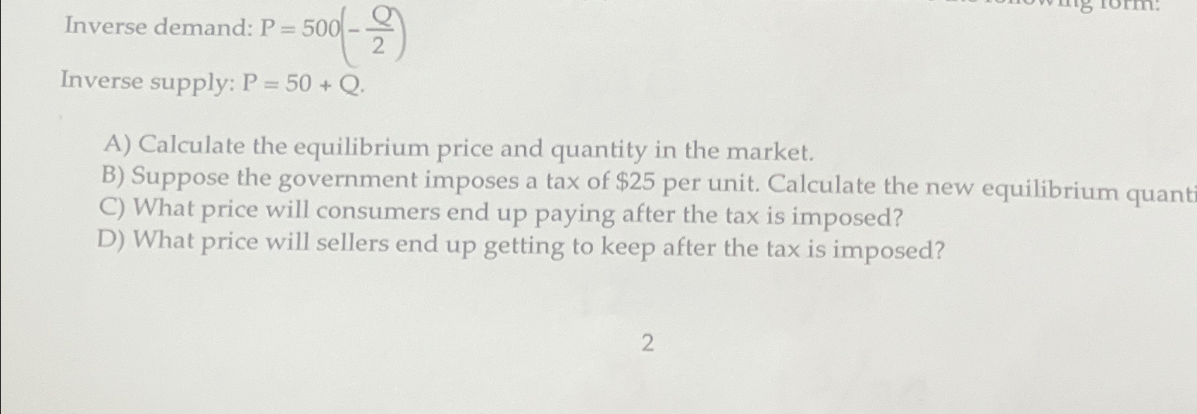 Inverse demand: P=500(-Q2)Inverse supply: P=50+Q.A) | Chegg.com
