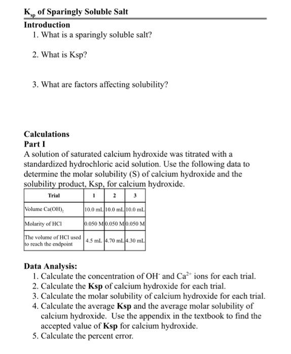 Solved Calculations Part I A solution of saturated calcium | Chegg.com