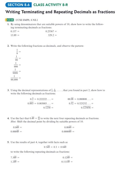Solved Writing Terminating and Repeating Decimals as | Chegg.com