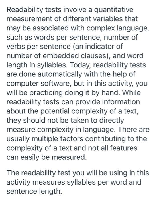Readability tests involve a quantitative measurement | Chegg.com