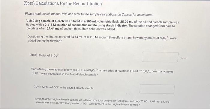 Solved (5pts) Calculations for the Redox Titration Please | Chegg.com