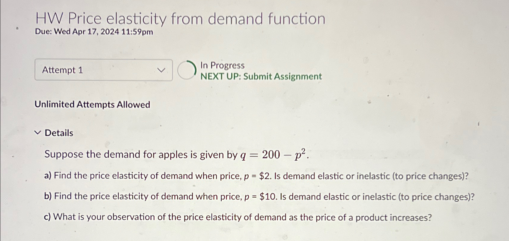 Solved HW Price elasticity from demand functionDue: Wed Apr | Chegg.com