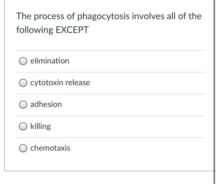 Solved The process of phagocytosis involves all of the | Chegg.com