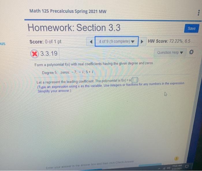 Solved Math 125 Precalculus Spring 2021 MW Homework: Section | Chegg.com