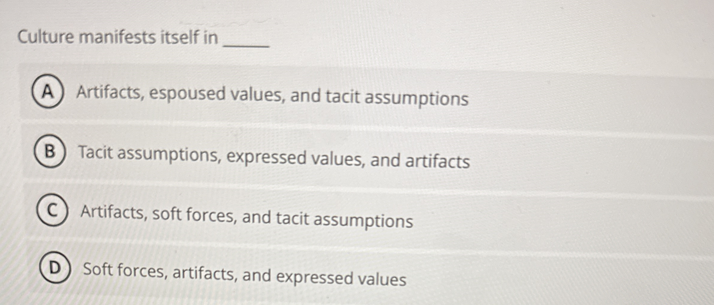 Solved Culture manifests itself in Artifacts, espoused | Chegg.com