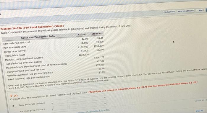 Solved CALCULATOR PRINTER VERSION BACK Problem 24-02A (Part | Chegg.com