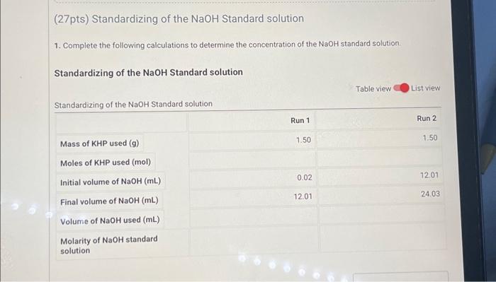 Solved (27pts) Standardizing of the NaOH Standard solution | Chegg.com Solved (27pts) Standardizing of the NaOH Standard solution | Chegg.com