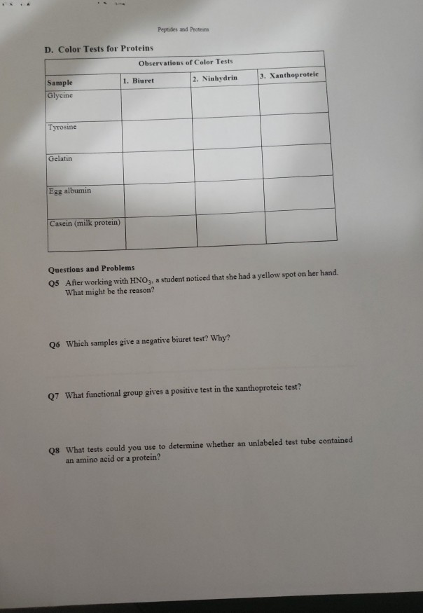 Solved Peptides and Prote D. Color Tests for Proteins | Chegg.com