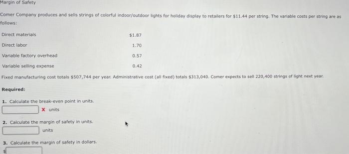 Solved Margin of Safety Comer Company produces and sells | Chegg.com