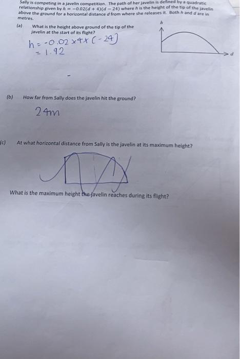 Solved Sally is competing in a javelin competition, The path | Chegg.com