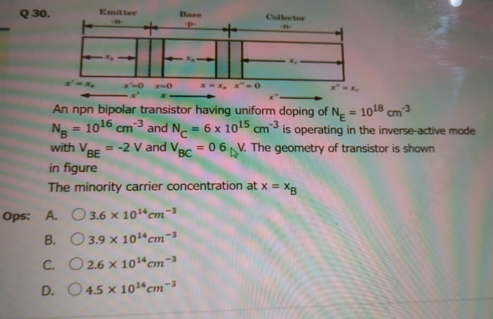[Solved]: An npn bipolar transistor having uniform doping of