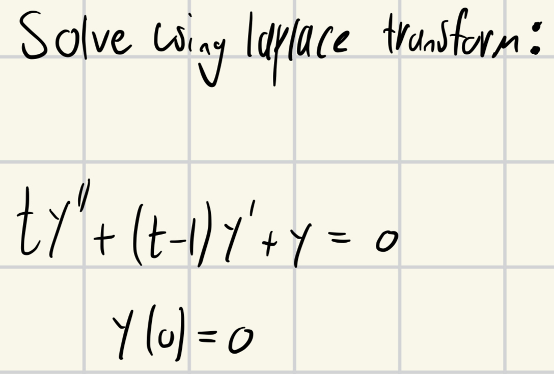 Solved Solve wing laplace transform:ty''+(t-1)y'+y=0y(0)=0 | Chegg.com