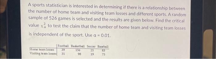 Solved A sports statistician is interested in determining if | Chegg.com