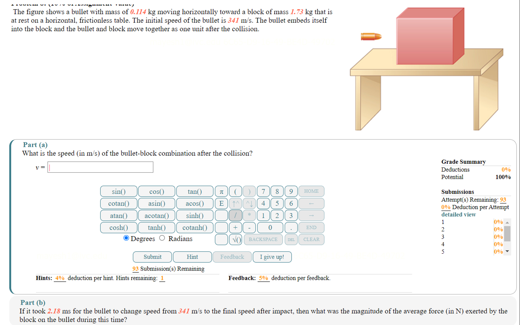 Solved The figure shows a bullet with mass of 0.114 ﻿kg | Chegg.com