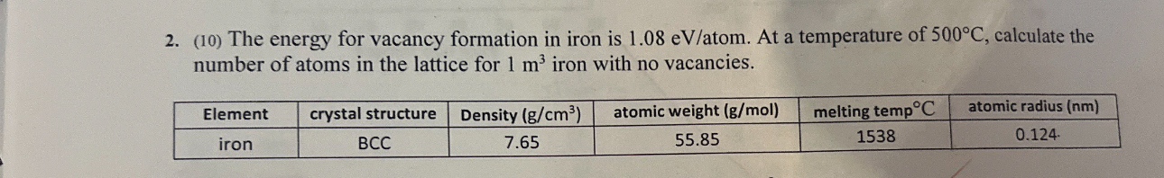 Solved (10) ﻿The energy for vacancy formation in iron is | Chegg.com