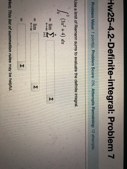 Solved Hw25-4.2-Definite-integral: Problem 7 Problem Value: | Chegg.com