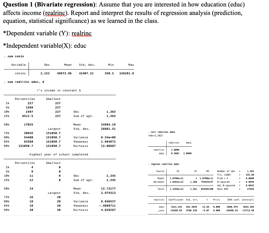 Solved Question 1 (Bivariate regression): Assume that you | Chegg.com
