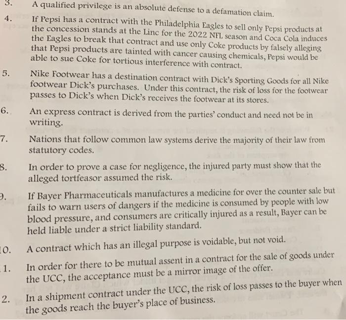 3. A qualified privilege is an absolute defense to a | Chegg.com