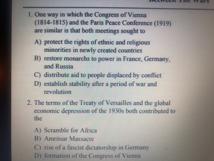 Solved 1. One way in which the Congress of Vienna | Chegg.com