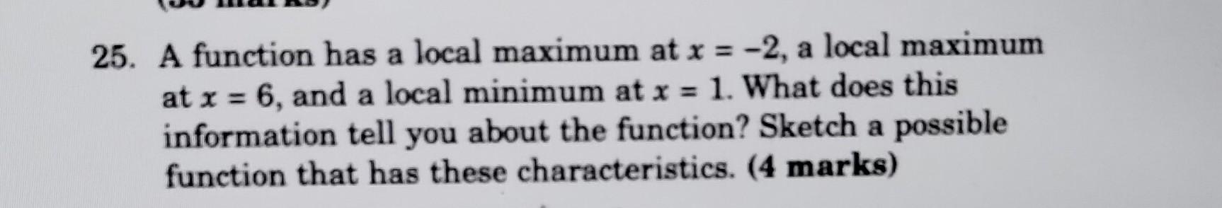 Solved 5. A function has a local maximum at x=−2, a local | Chegg.com