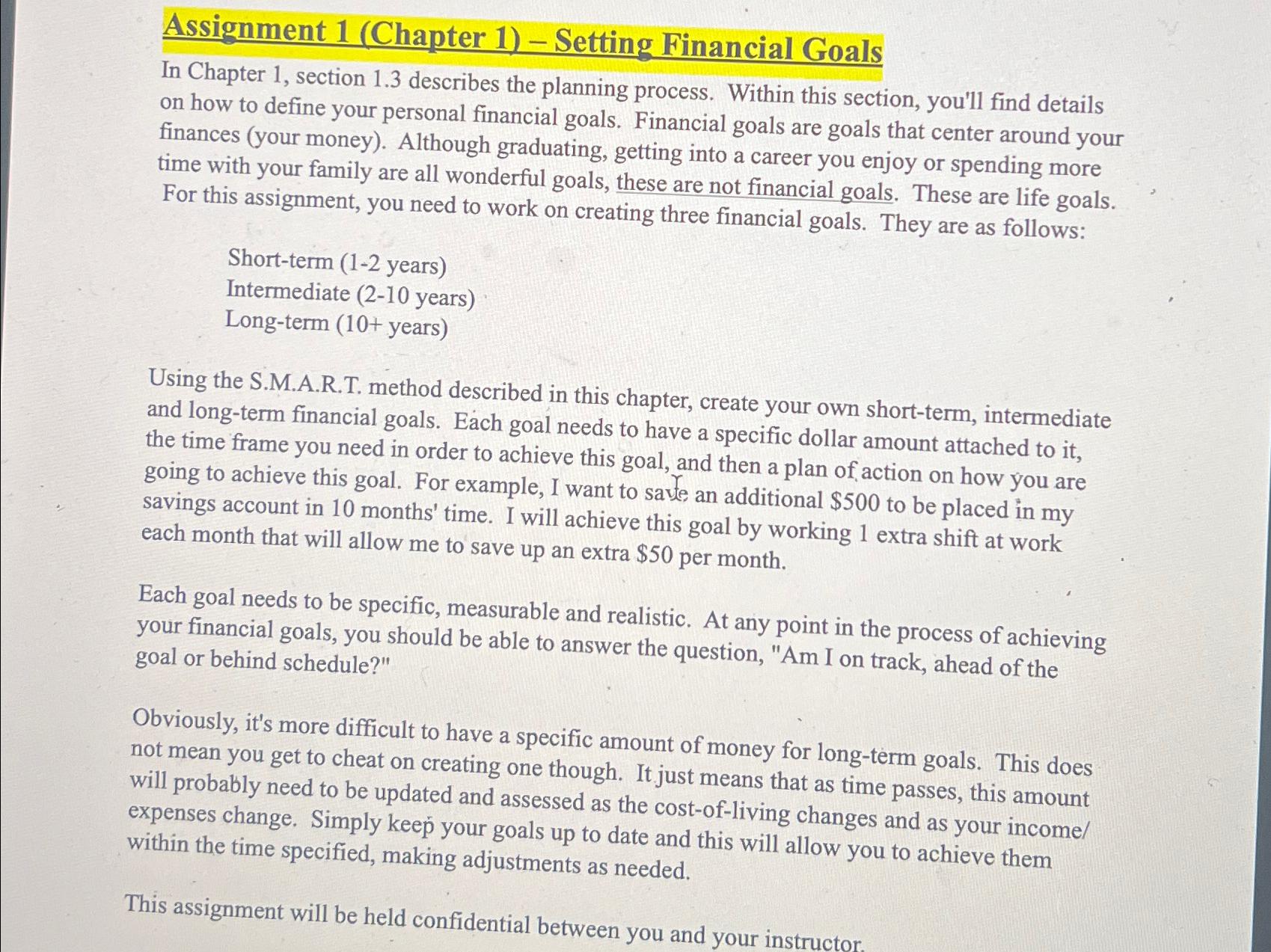 Solved Assignment 1 (Chapter 1) - ﻿Setting Financial GoalsIn | Chegg.com